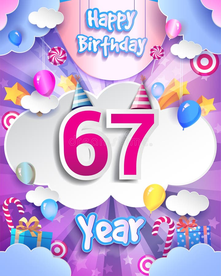 67th Birthday Celebration Greeting Card Design, with Clouds and ...