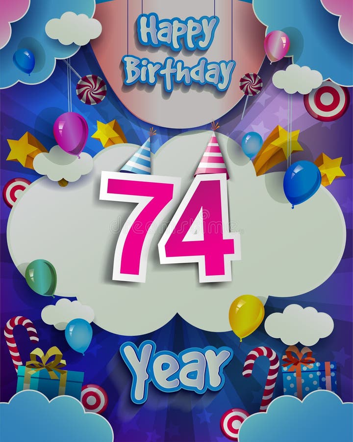 74th Birthday Celebration Greeting Card Design, with Clouds and ...