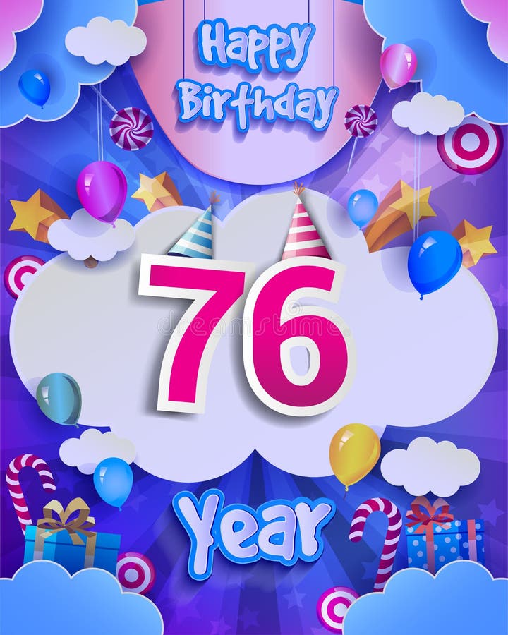 76th Birthday Celebration Greeting Card Design, with Clouds and ...