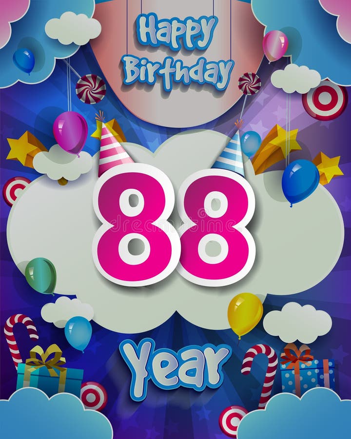 88th Birthday Celebration Greeting Card Design, with Clouds and ...