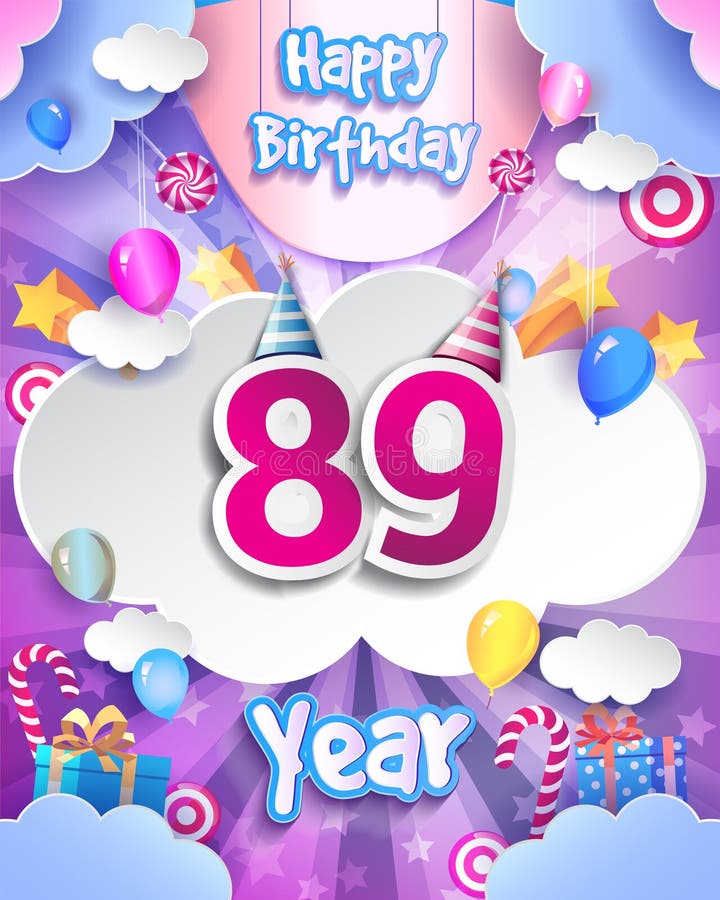 89th Birthday Celebration Greeting Card Design, with Clouds and ...