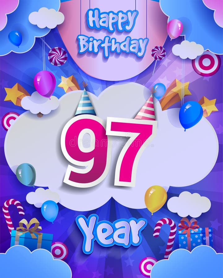 97th Birthday Logo with Silver Ring and Blue Ribbon, Vector Design ...