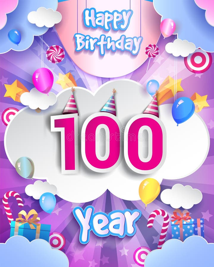100th Birthday Celebration Greeting Card Design, with Clouds and ...
