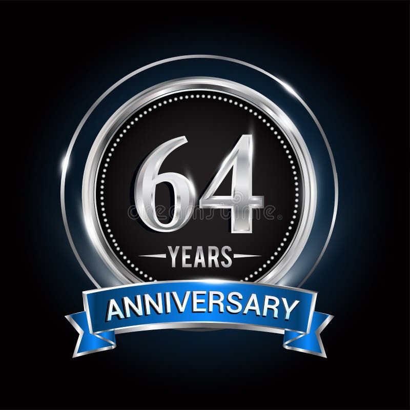 64th Birthday Logo with Silver Ring and Blue Ribbon, Vector Design ...