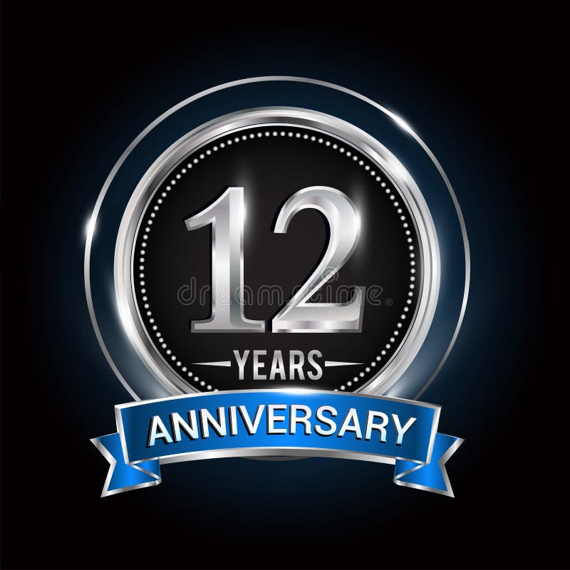 12th Birthday Logo with Silver Ring and Blue Ribbon, Vector Design ...