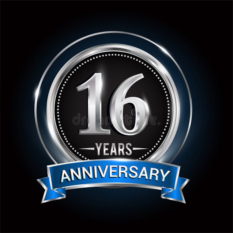 16th Birthday Logo with Silver Ring and Blue Ribbon, Vector Design ...