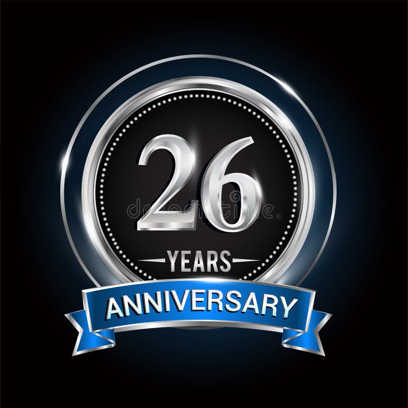 26th Birthday Logo with Silver Ring and Blue Ribbon, Vector Design ...