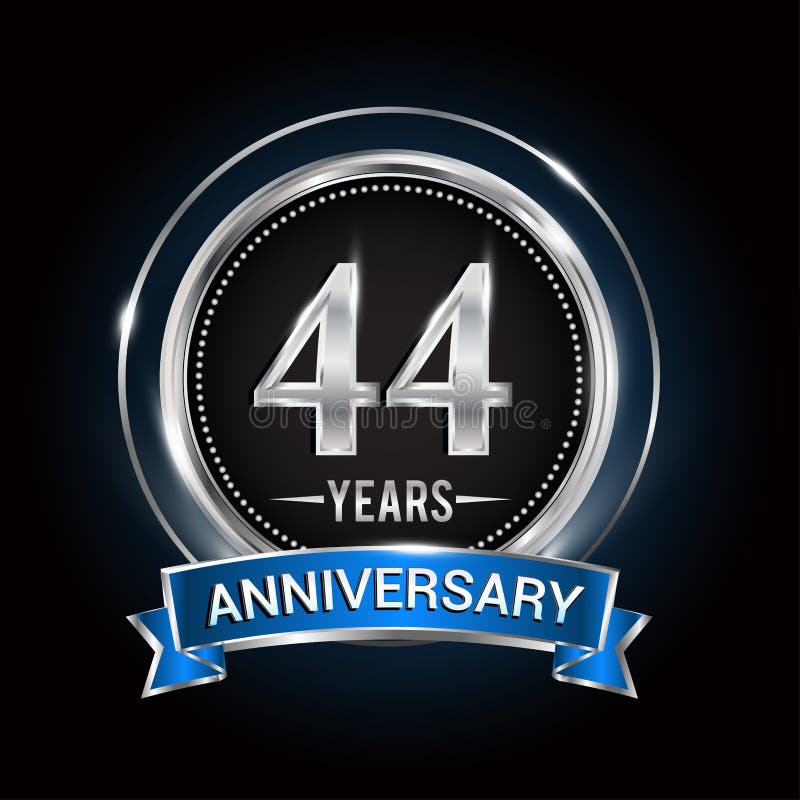 44th Birthday Logo with Silver Ring and Blue Ribbon, Vector Design ...