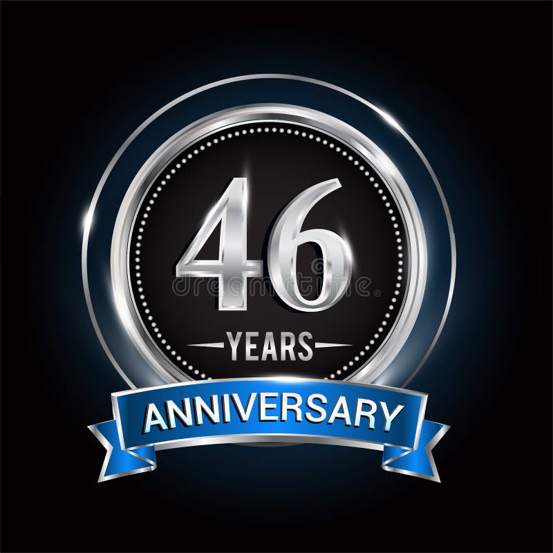 46th Birthday Logo with Silver Ring and Blue Ribbon, Vector Design ...
