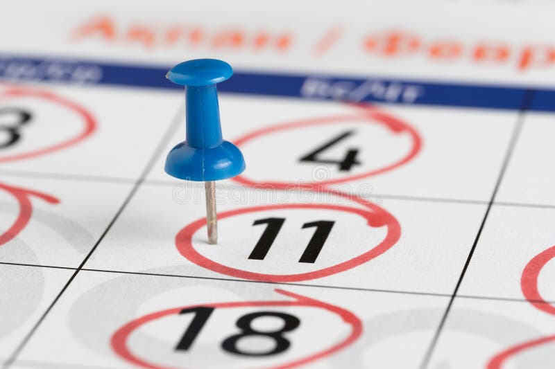 11th Calendar Date is Marked with Blue Button. Closeup Stock Photo ...
