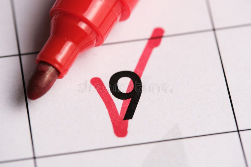 9th Day in the Calendar is Marked with a Red Marker. Stock Image ...