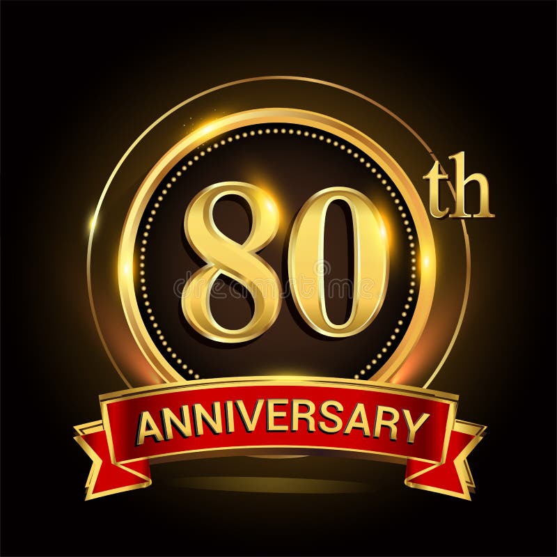 80th Golden Anniversary Logo with Ring and Red Ribbon. Vector Design ...