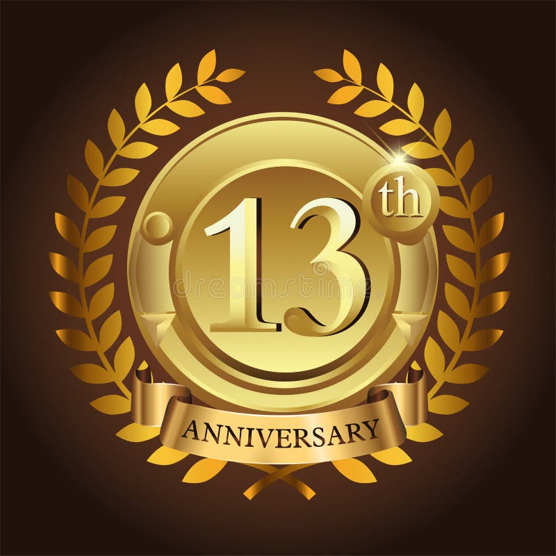 13th Golden Anniversary Logo with Ring and Ribbon, Laurel Wreath Stock ...