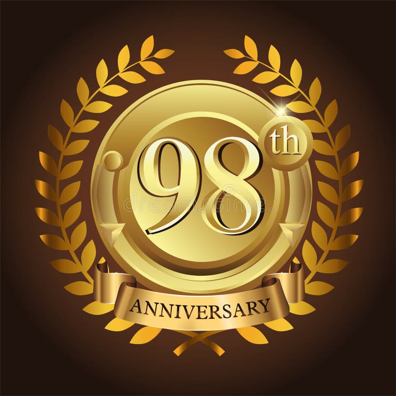 98th Anniversary Logo with Golden Ring, Balloons and Red Ribbon. Vector ...