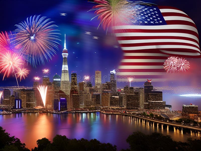 4th of July Celebration with Fireworks Stock Illustration ...