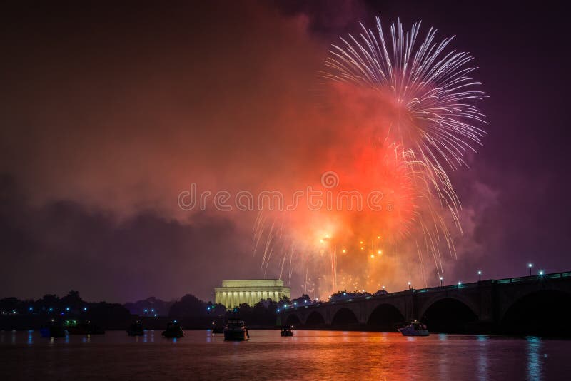 4th of July Fireworks Over the Potomac River, in Washington, DC Stock ...
