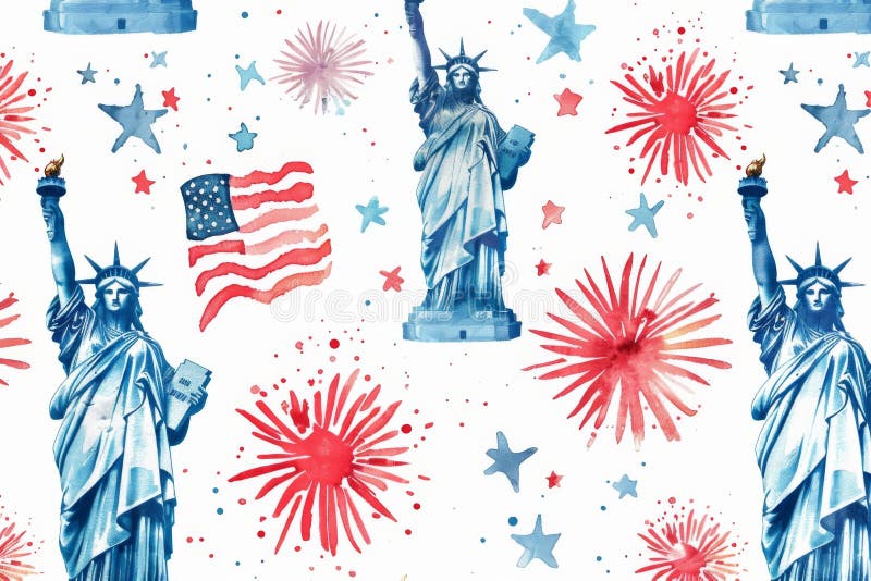 4th of July Patterns with American Flag, Fireworks and Statue Pattern ...