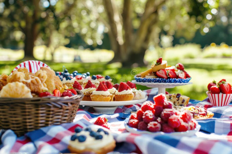 4th of July Picnic Spread with Pastries and Fruit, Outdoors in a Sunny ...