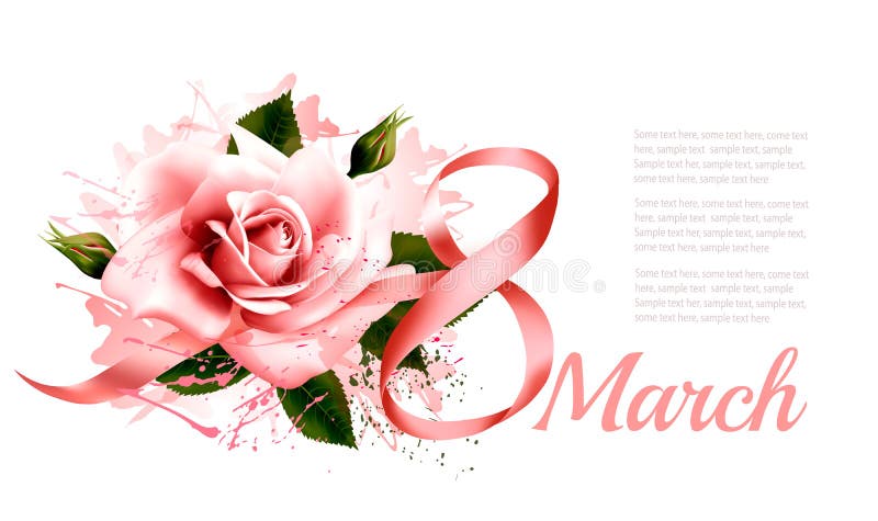 8th March Vintage Illustration. Pink Rose with Ribbon Stock Vector ...
