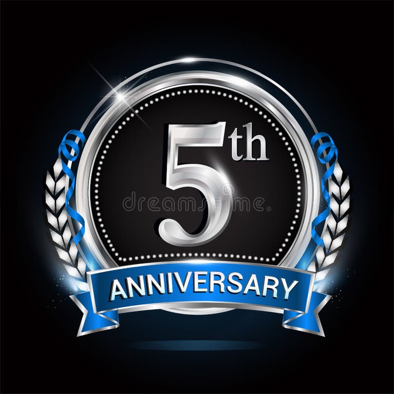 5th Silver Anniversary Logo with Blue Ribbon and Ring Stock ...