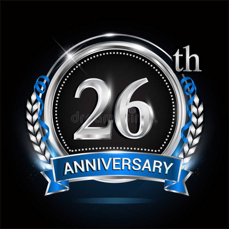26th Anniversary Logo With Silver Ring, Balloons And Blue Ribbon ...