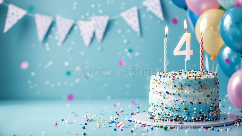 4th Year Celebration Number 4 Candle on Cake with Balloons and ...