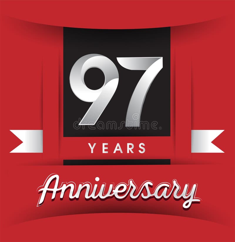 97th Years Anniversary Logo with White Ribbon Isolated on Red ...