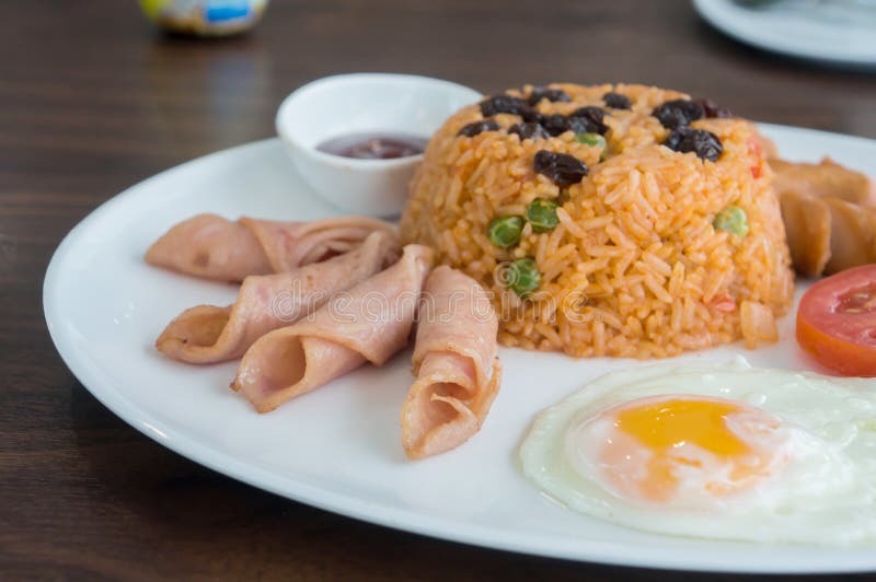 Thai American Fire Rice on Table Stock Photo - Image of prawn, sausage ...