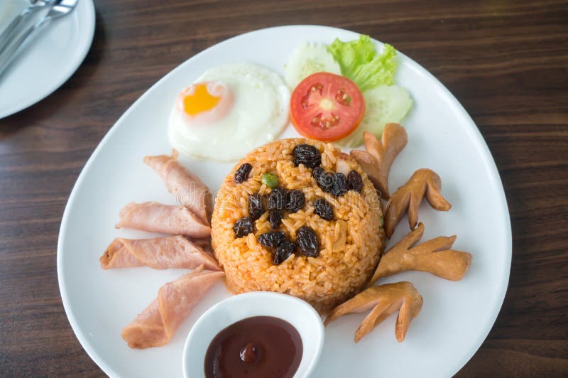 Thai American Fire Rice on Table Stock Image - Image of sausage, meal ...