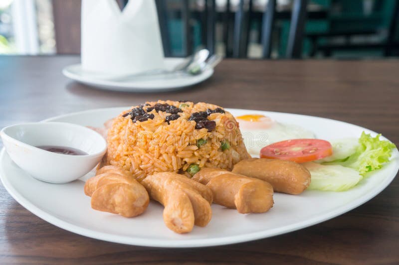 Thai American Fire Rice on Table Stock Image - Image of food, cooking ...
