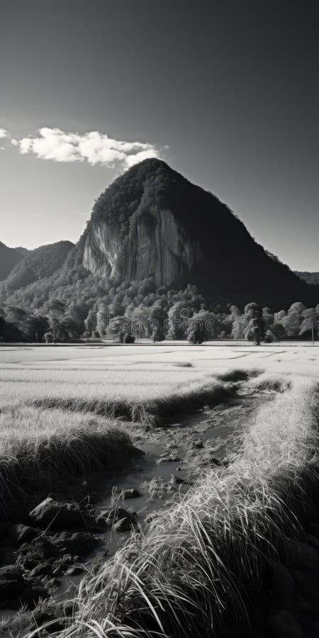 Thai Art-inspired Landscape Photograph with Mountains and Rectangular ...