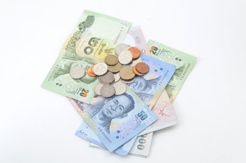 Thai Baht notes and coins stock photo. Image of assorted - 65697152