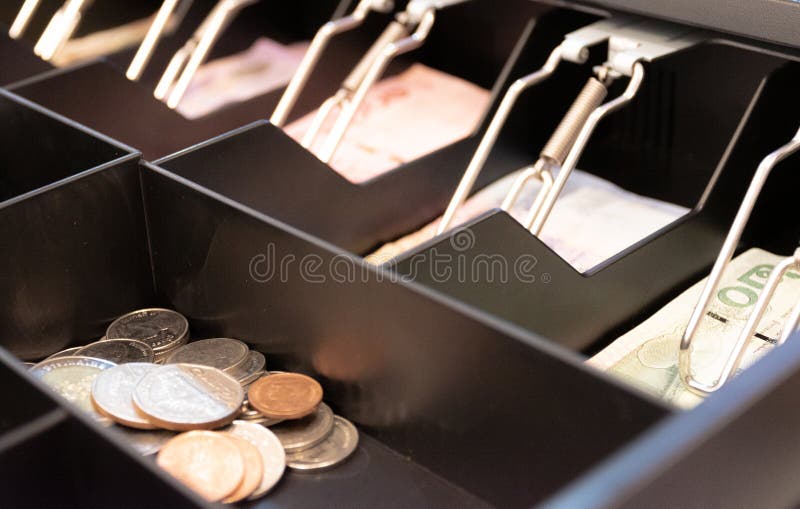Thai Bank Notes and Coins are in the Cashier Machine Stock Photo ...