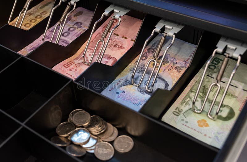 Thai Bank Notes and Coins are in the Cashier Machine Editorial Stock ...