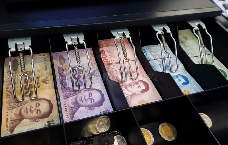 Thai Bank Notes and Coins are in the Cashier Machine Editorial Photo ...