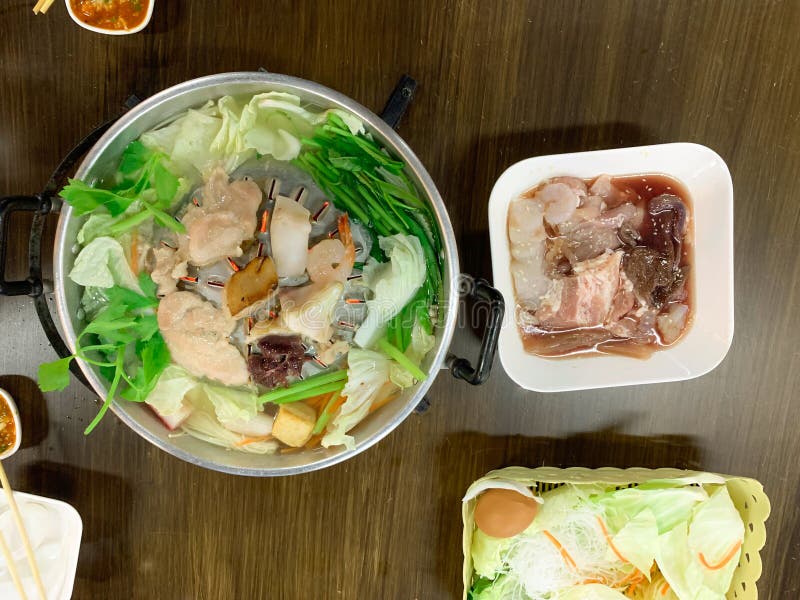 Thai Barbecue Pig Pan with Vegetable Stock Photo - Image of pork, beef ...