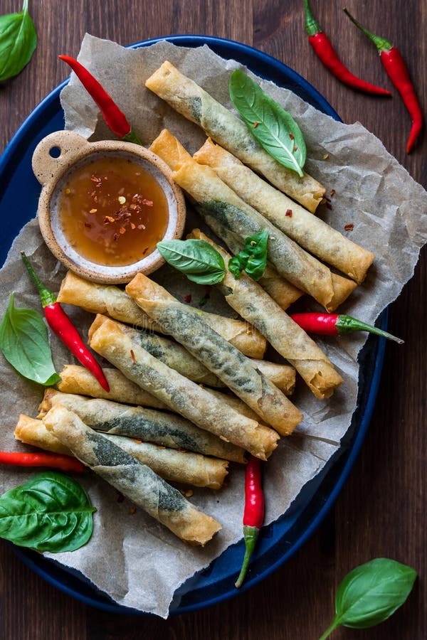Thai Basil Crispy Fried Spring Rolls with Sweet Chili Sauce for Dipping ...