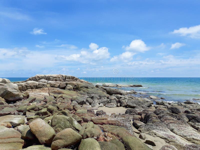 Thai Beach with Sea, Stone, Sand, Cloud and Sky Stock Image - Image of ...