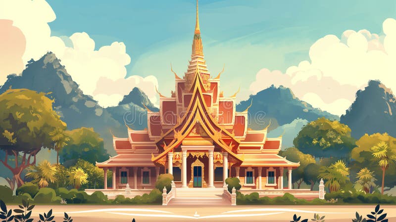 Thai Beautiful Temple in Cartoon Design Stock Illustration ...