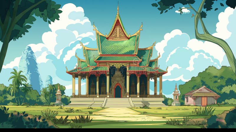 Thai Beautiful Temple in Cartoon Design Stock Illustration ...