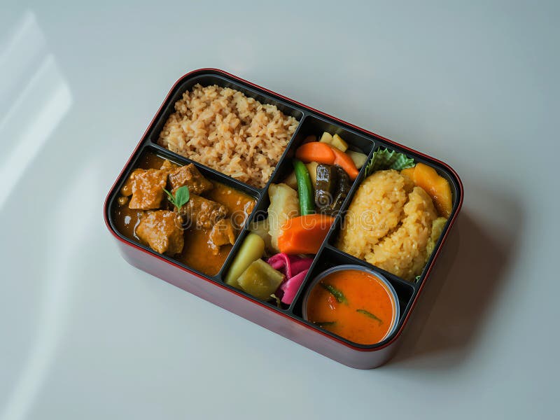 Thai Beef Curry Fusion Bento Box with Sides â€ Overhead View Stock ...