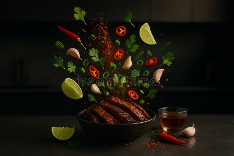 Thai Beef Dish with Exploding Ingredients Stock Photo - Image of dark ...
