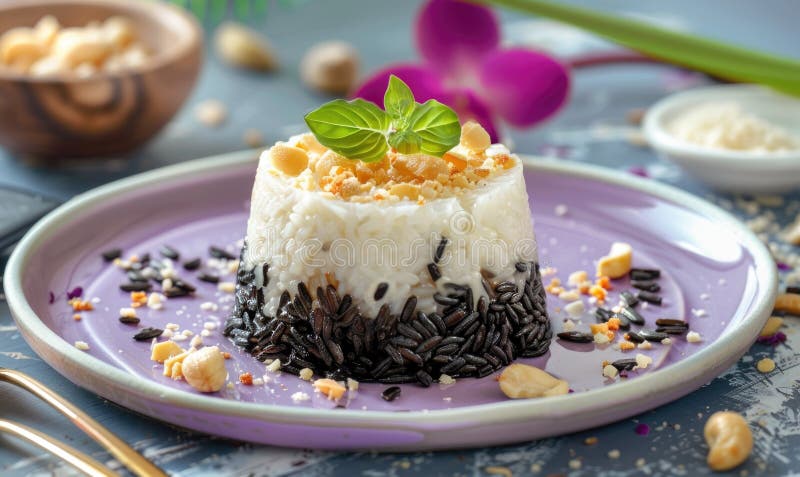 Thai Black Sticky Rice Pudding on a Pastel Purple Plate Stock Image ...