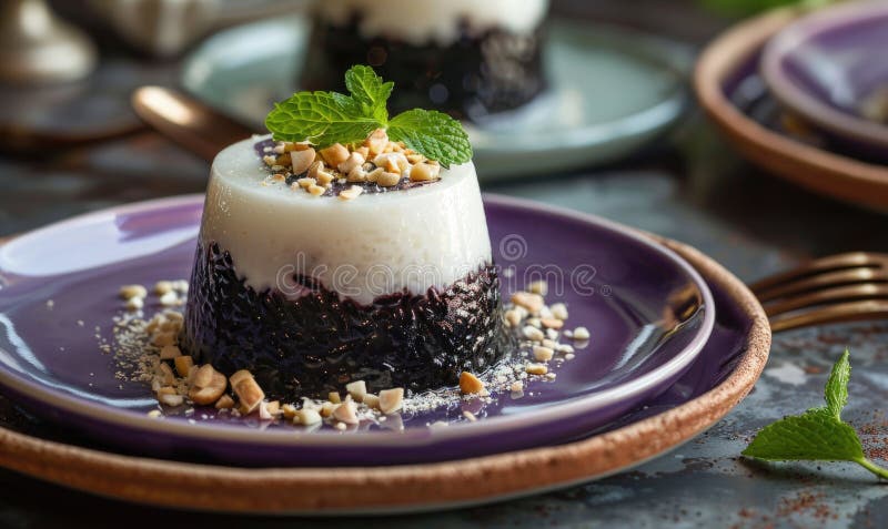 Thai Black Sticky Rice Pudding on a Pastel Purple Plate Stock Photo ...