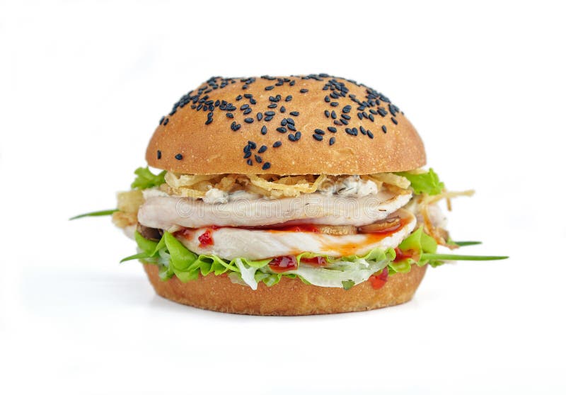 Thai Chicken Burger with Crispy Onion and Spicy Sauce Stock Photo ...