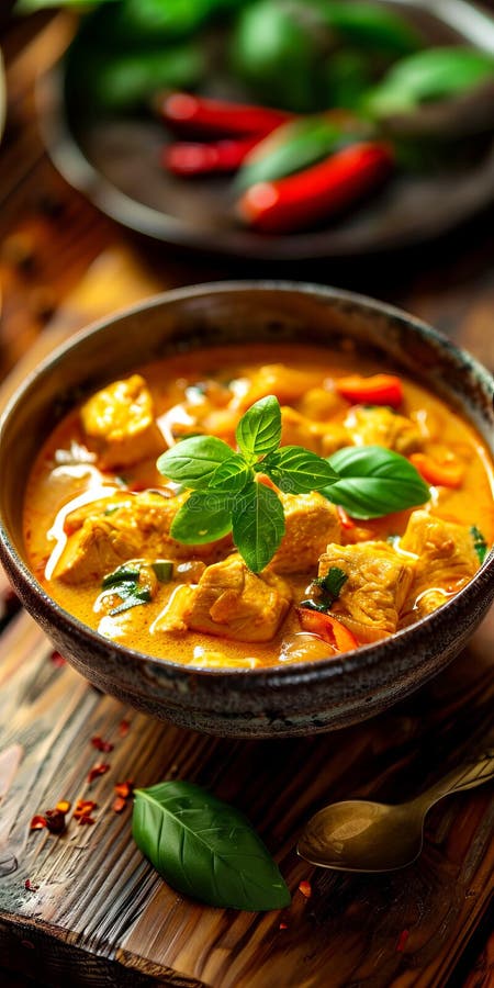 Thai Chicken Curry in a Bowl with Fresh Basil Stock Image - Image of ...