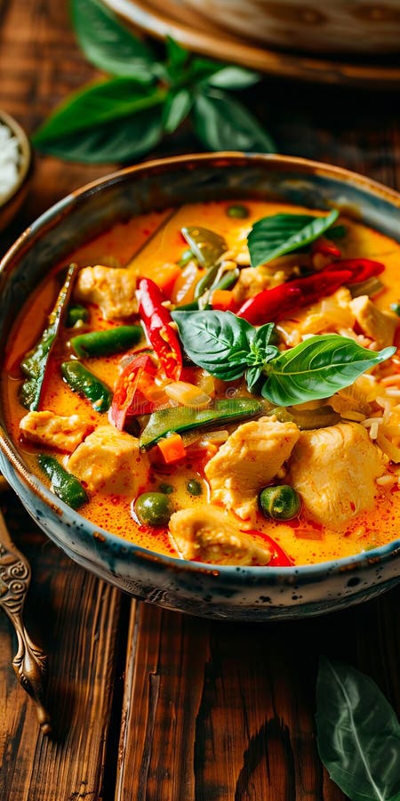 Thai Chicken Curry in a Bowl on a Wooden Table Stock Image - Image of ...