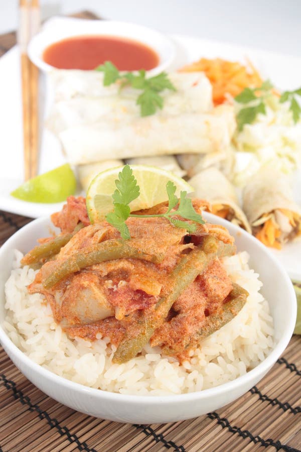Thai Chicken Curry and Spring Rolls Stock Image - Image of chicken ...