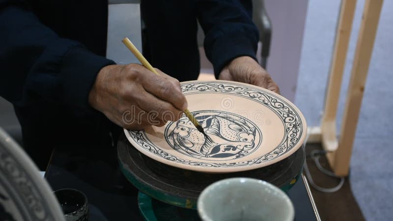 Thai Craftsmanship Ceramicist Drawing or Painting on Ceramic Pottery ...