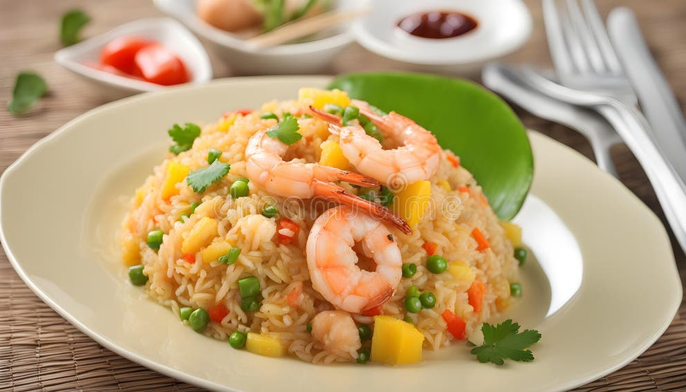 Thai Cuisine Fried Rice with Prawn in Pineapple Stock Illustration ...